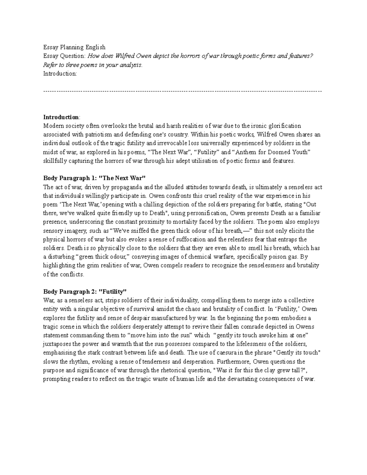 WILFRED OWEN ESSAY PLANNING - Essay Planning English Essay Question: How does Wilfred Owen ...