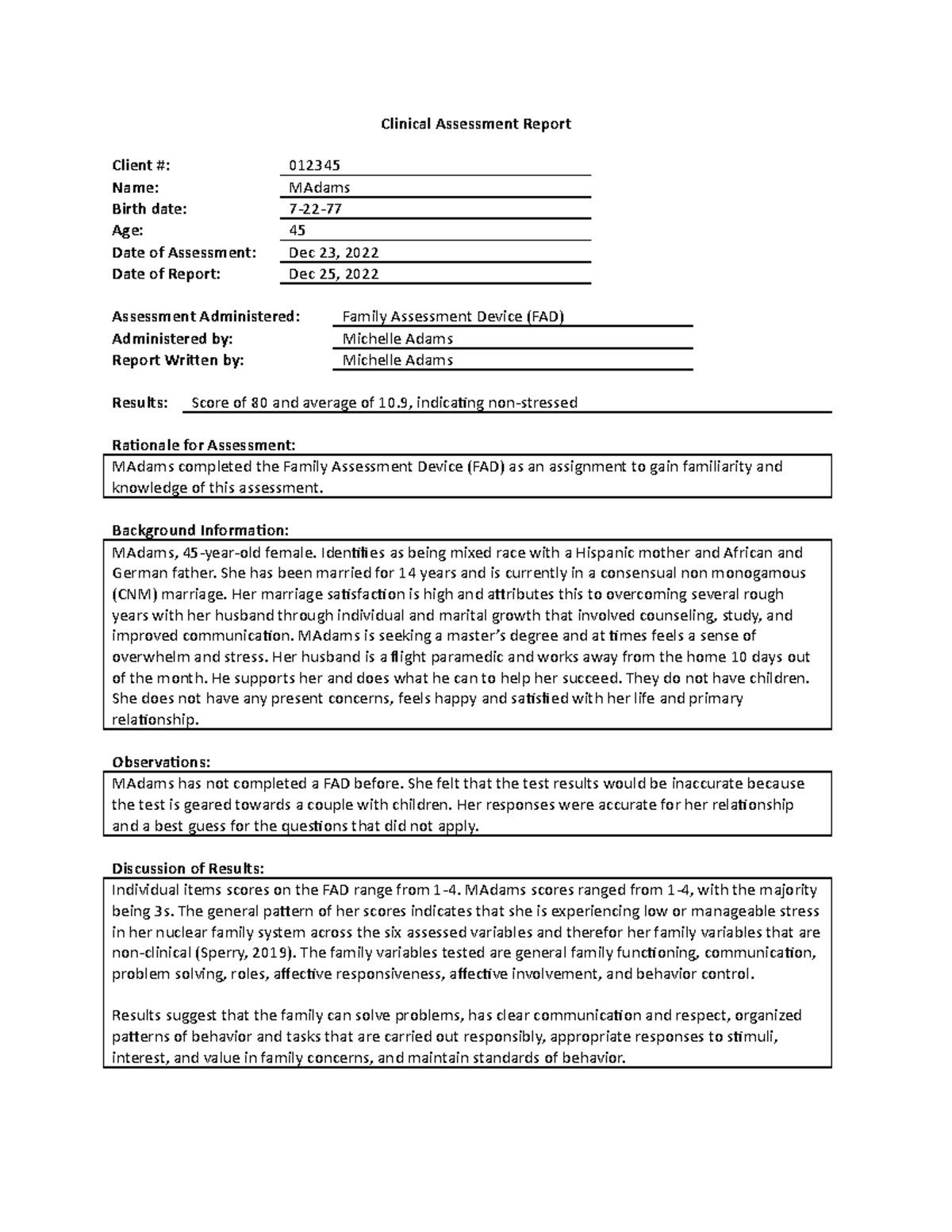 Family Clinical Assessment Reports Assignment - Clinical Assessment ...