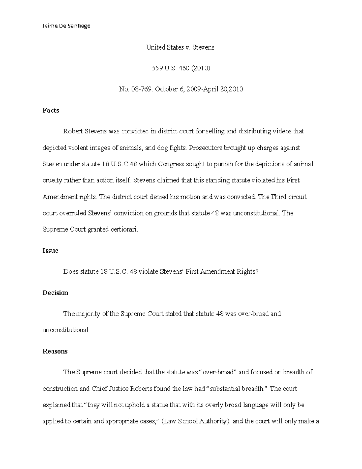 United States V. Stevens - Overall Summary - United States v. Stevens ...