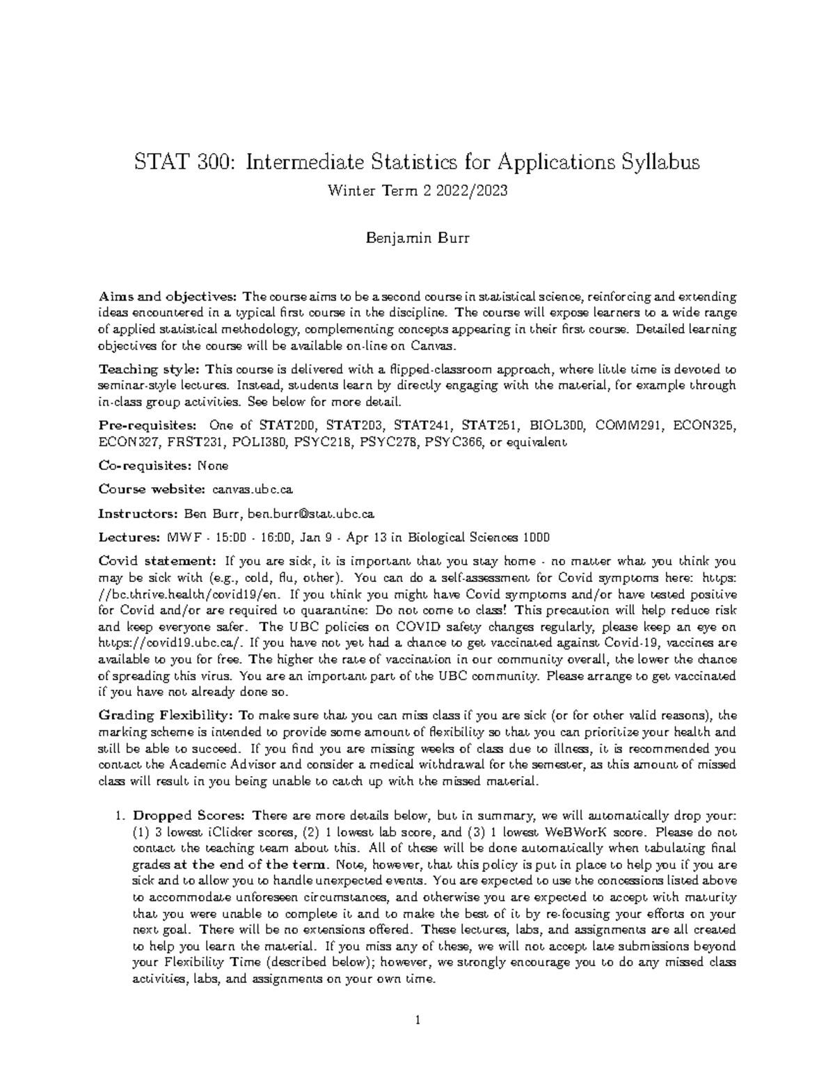 Stat300 Syllabus - STAT 300: Intermediate Statistics for Applications ...