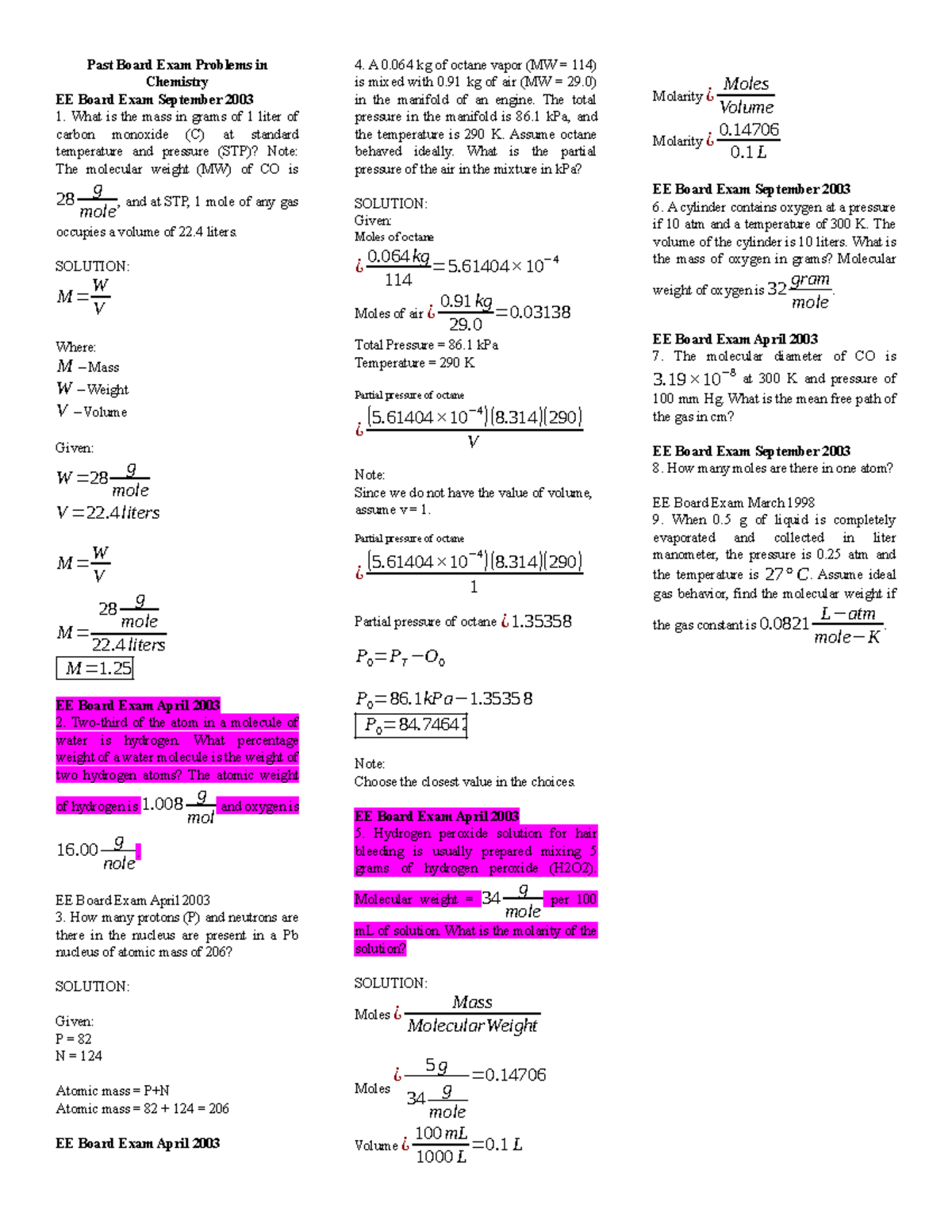 Past Board Exam Problems in Chemistry - Past Board Exam Problems in ...