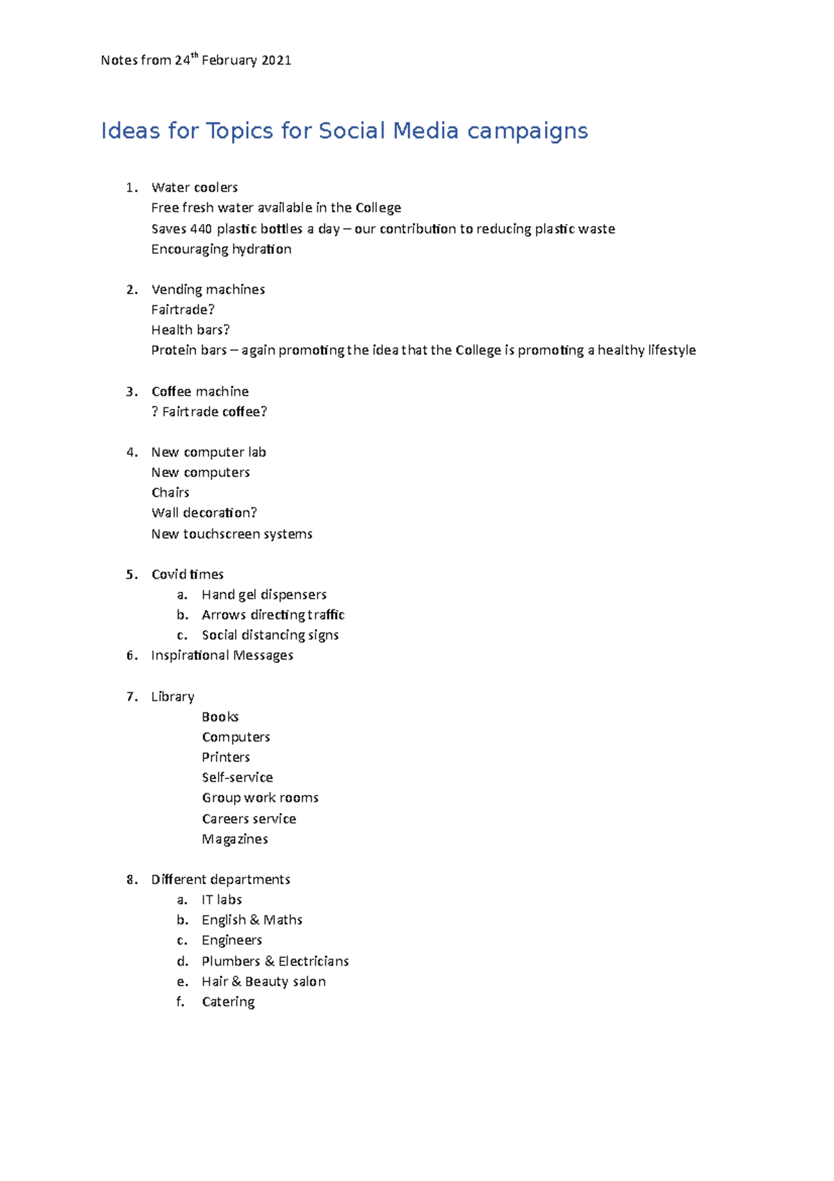 Ideas for Topics for Social Media campaigns - Notes from 24th February ...