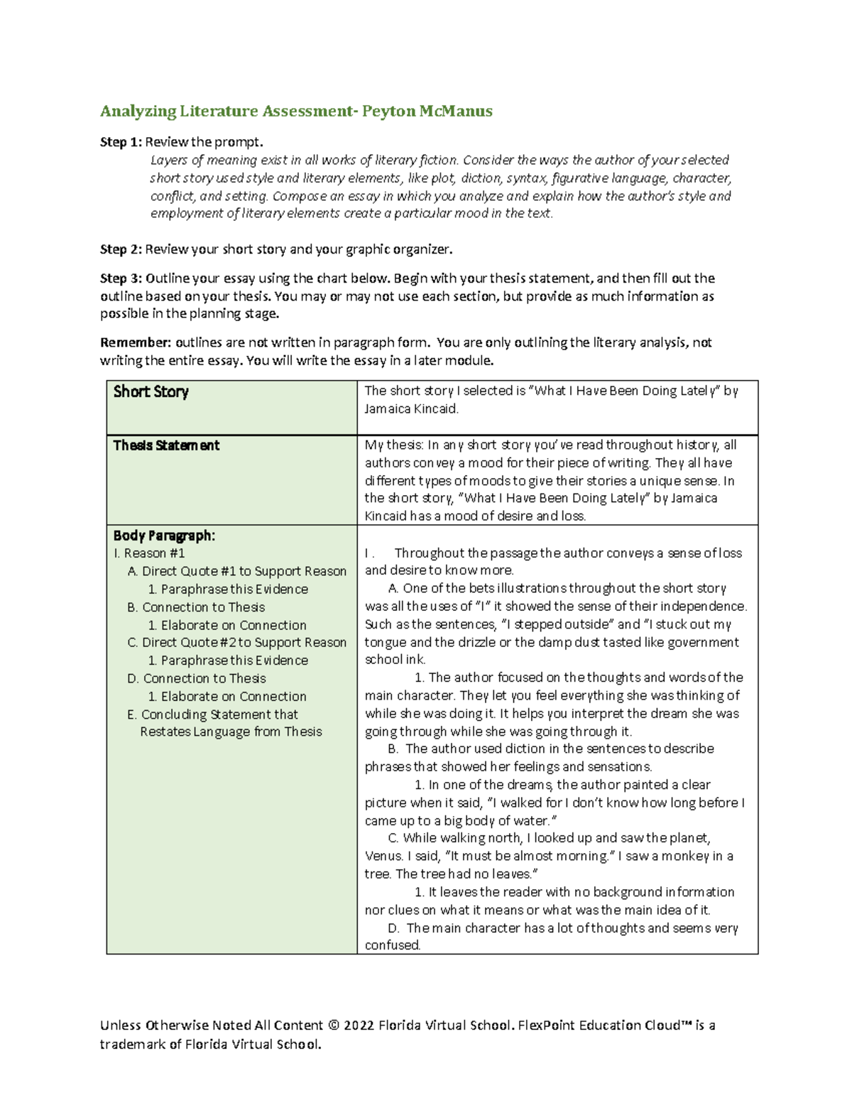 Analyzing literature assess rubric- Peyton Mc Manus - Unless Otherwise ...