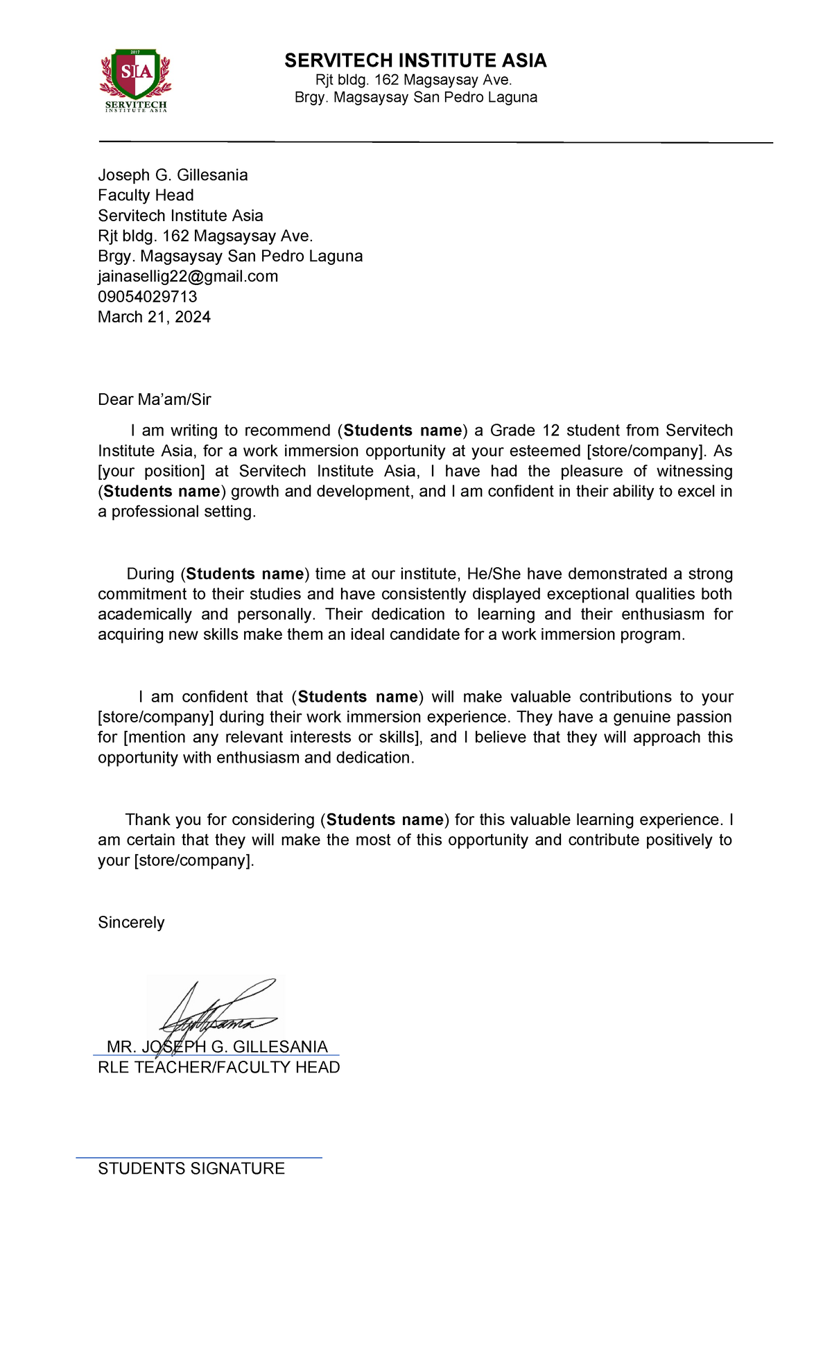 OJT- Recommendation- Letter - SERVITECH INSTITUTE ASIA Rjt bldg. 162 ...