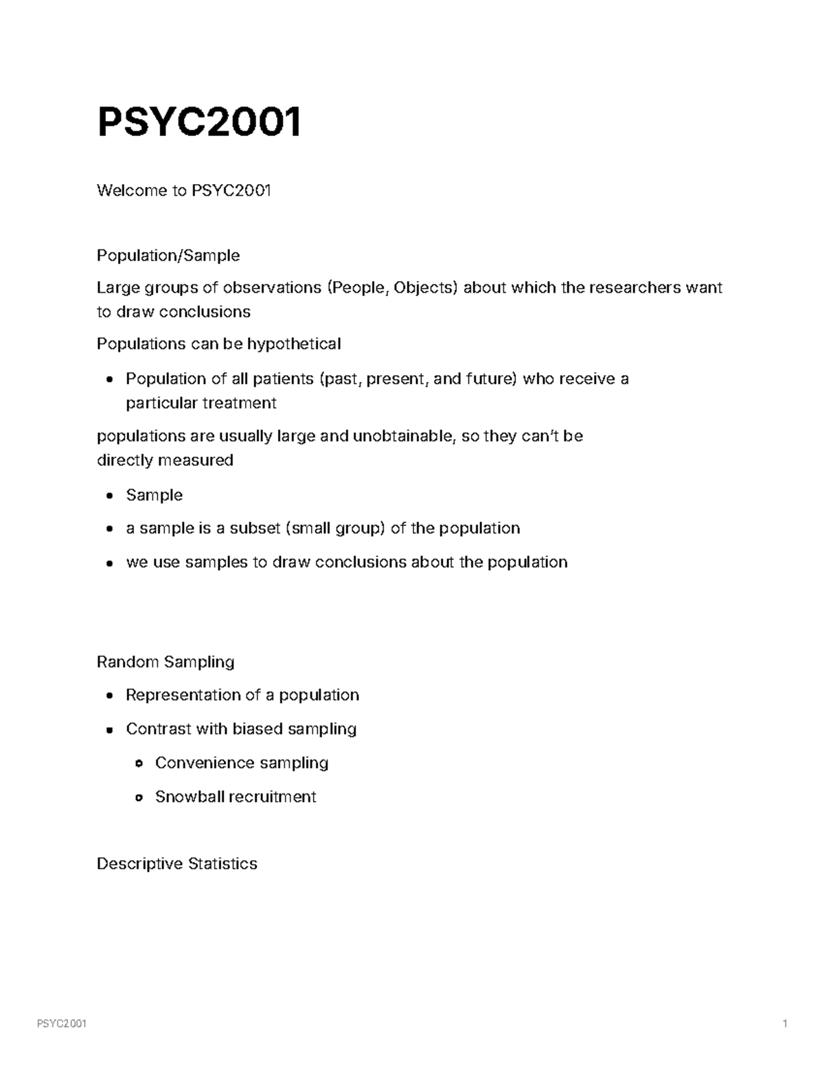PSYC2001 incomp. - PSYC Welcome to PSYC Population/Sample Large groups of observations People ...
