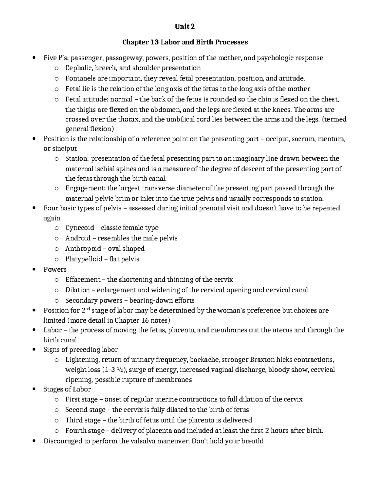 Unit 2 - notes - Unit 2 Chapter 13 Labor and Birth Processes Five P’s ...