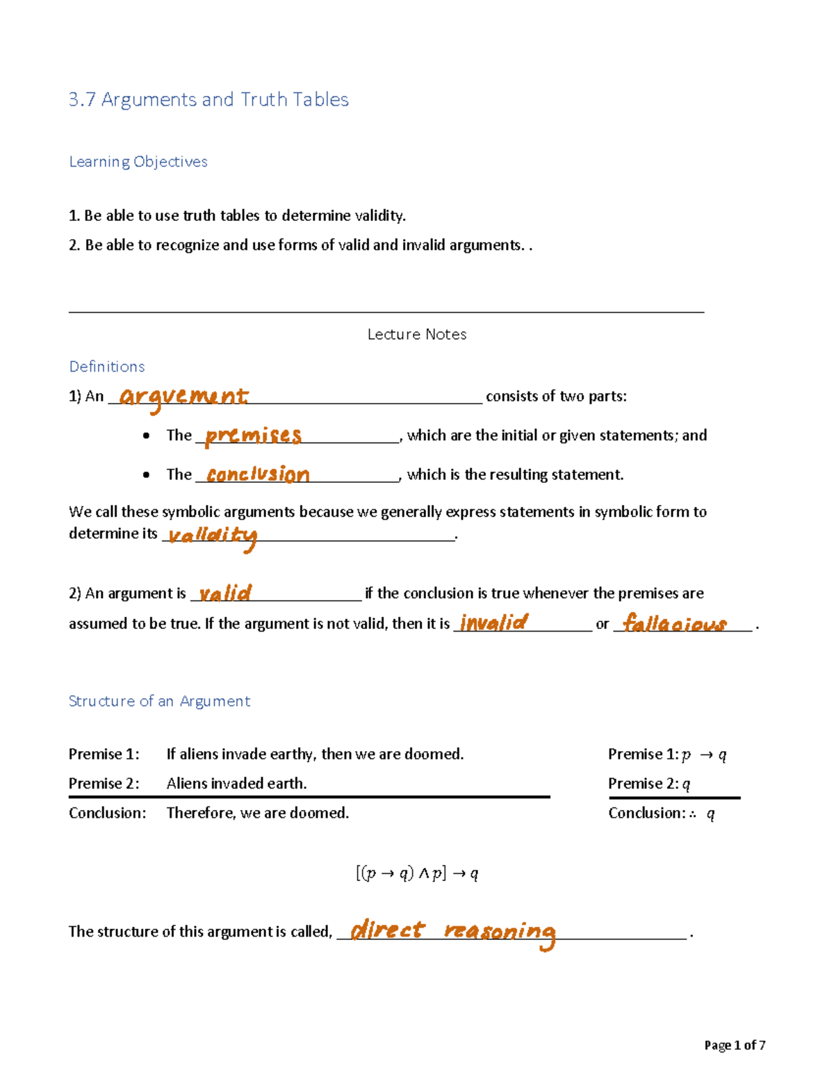 Chapter 3 Section 7 - 3 Arguments and Truth Tables Learning Objectives ...