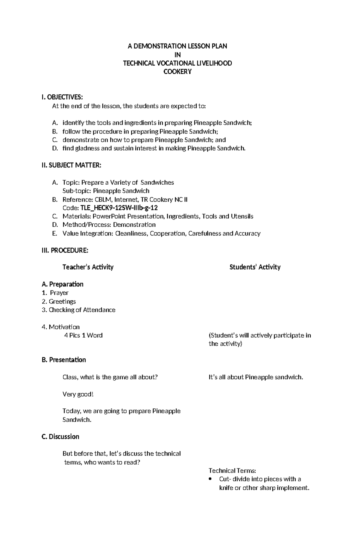 Detailed Lesson PLAN Copy Copy - A DEMONSTRATION LESSON PLAN IN ...
