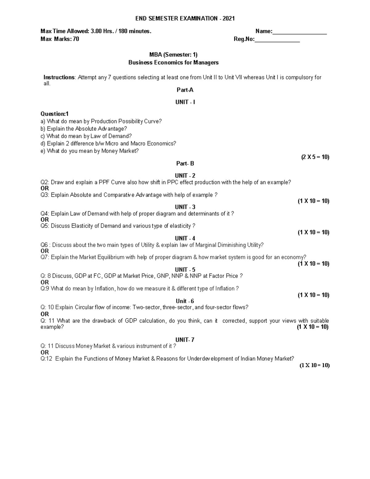 Assignment For Final Revision Of Micro Economics Syllabus End Semester Examination 2021 Max