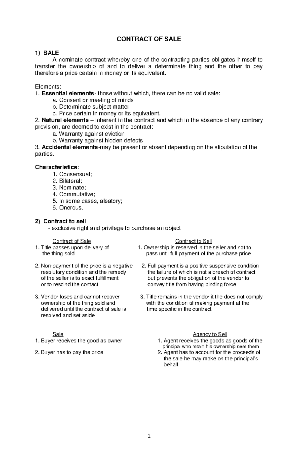 Contract-OF-SALE - law on sales - CONTRACT OF SALE 1) SALE A nominate ...