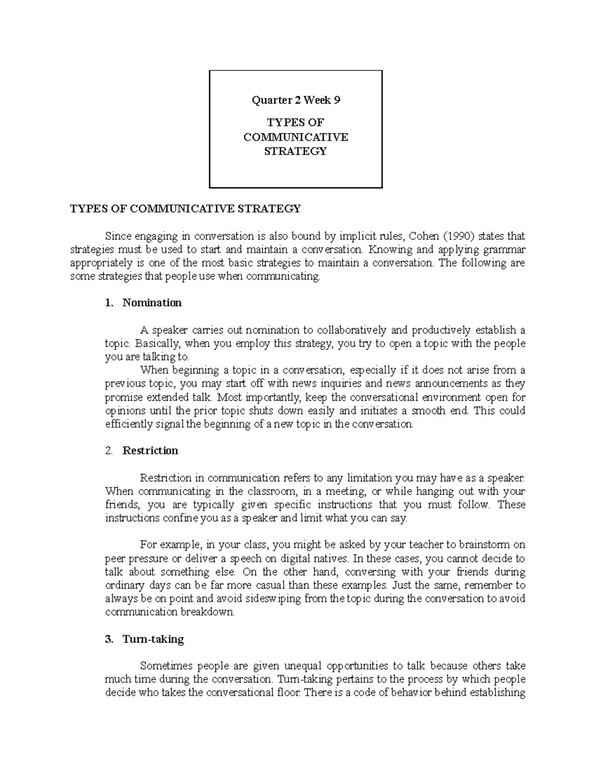 Types of communicative strat - Quarter 2 Week 9 TYPES OF COMMUNICATIVE ...