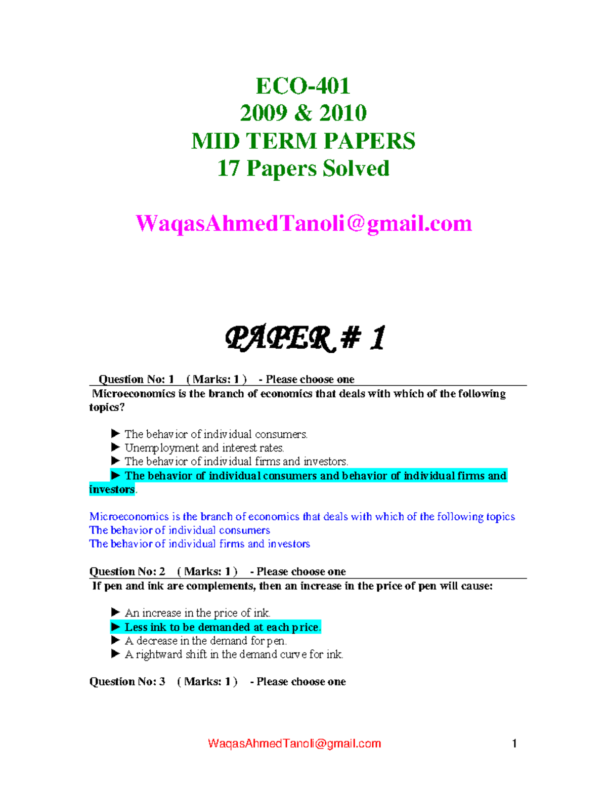 ECO401 Midterm 17 Papers Solved - ECO- 2009 & 2010 MID TERM PAPERS 17 ...
