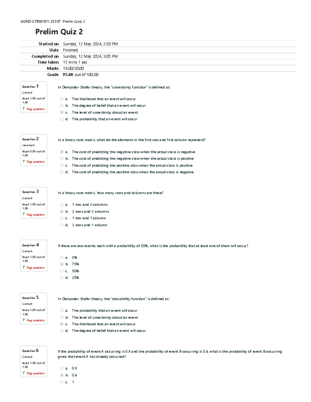 Prelim Quiz 2 Attempt review - Question 1 Correct Mark 1 out of 1. Flag ...