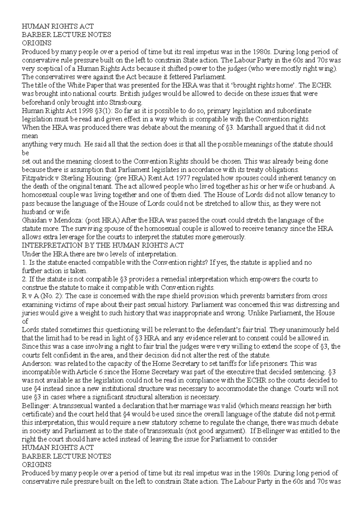 Barber Lecture Notes - Human Rights Act 1998 - European Convention ...
