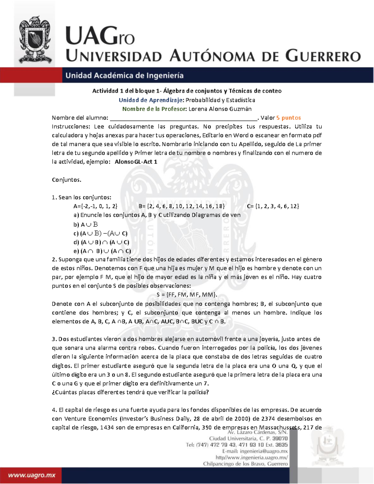 Álgebra de conjuntos y Técnicas de conteo - Actividad 1 del bloque 1- ¡lgebra de conjuntos y ...