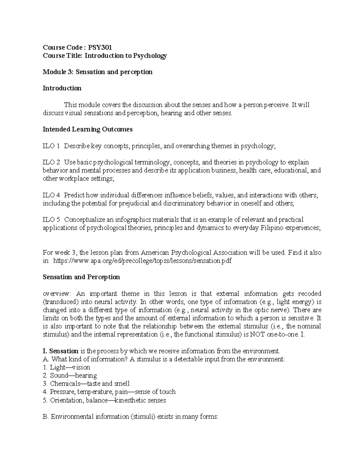 PSY WEEK 4 Module 3 - Course Code : PSY Course Title: Introduction to Psychology Module 3 ...