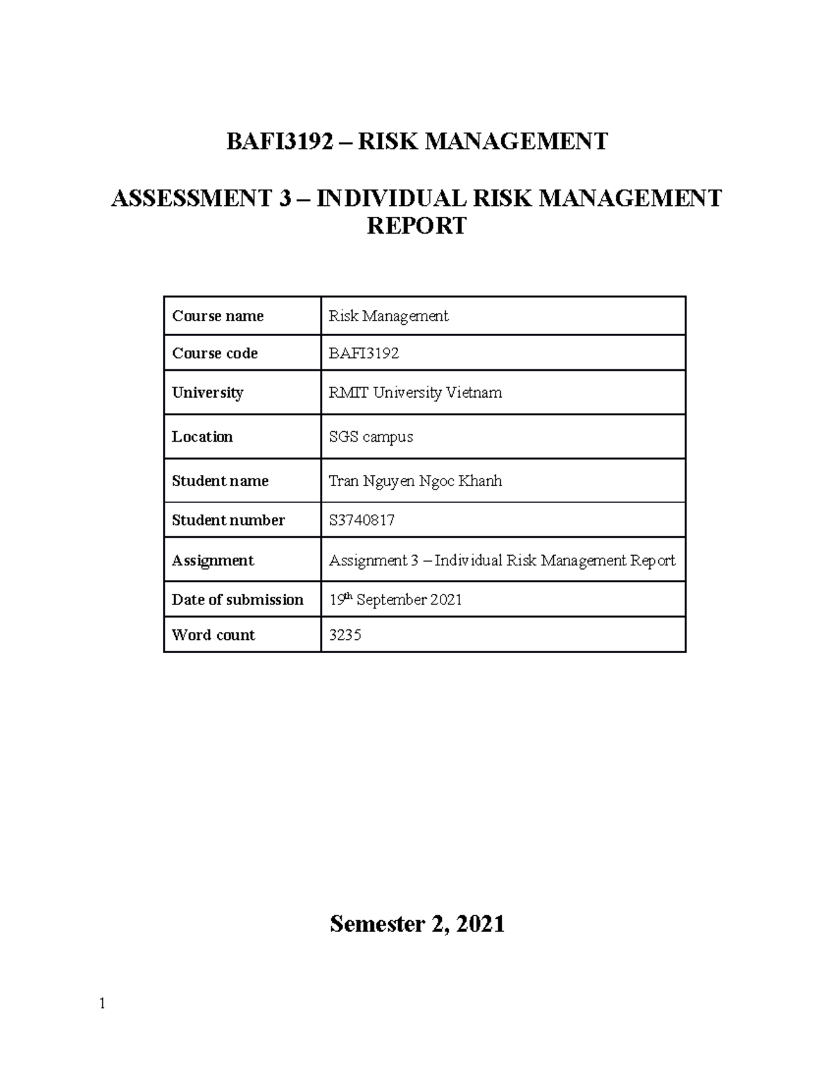 BAFI3192 A3 BAFI3192 A1 Individual Assignment 74 - BAFI3192 – RISK MANAGEMENT ASSESSMENT 3 ...