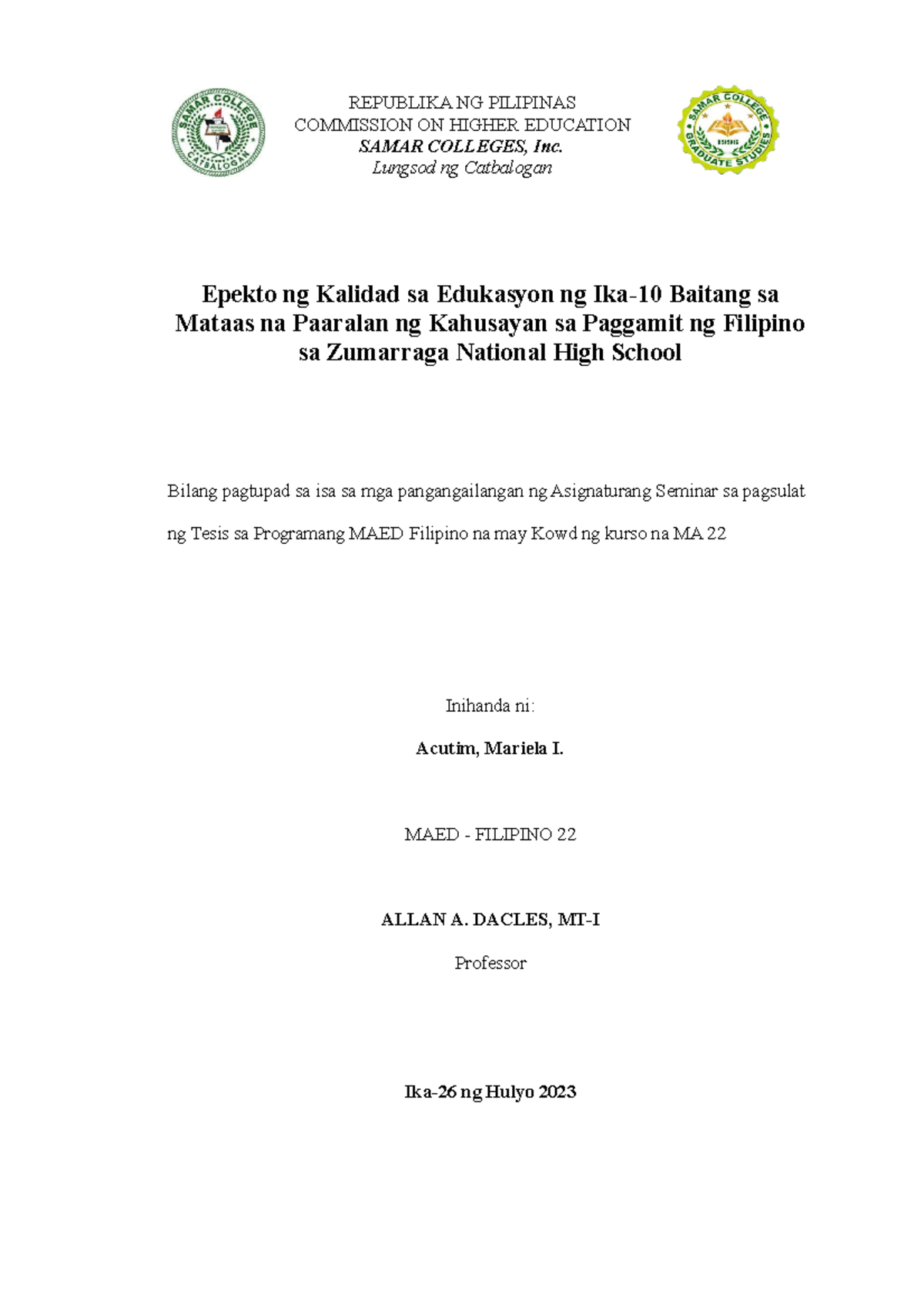 Pananaliksik-22 - Epekto ng Kalidad sa Edukasyon ng Ika-10 Baitang sa ...