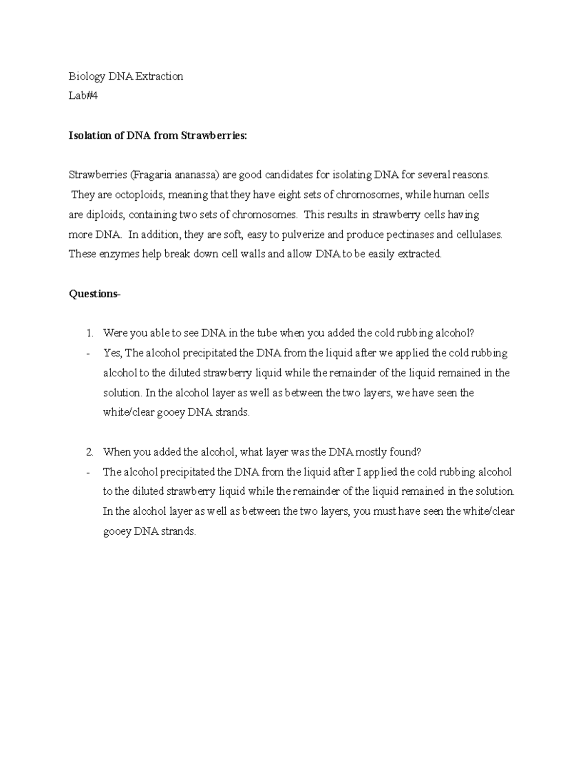 Biology DNA Extraction - Biology DNA Extraction Lab# Isolation of DNA ...