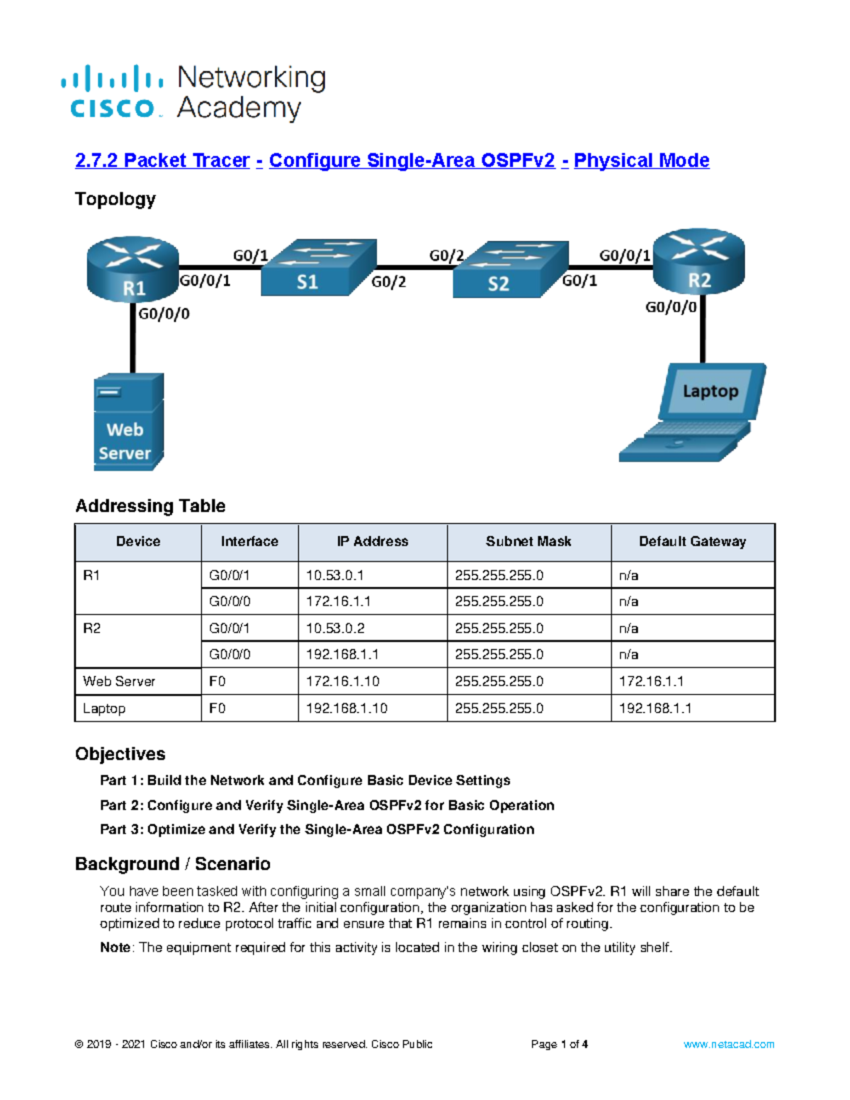 configure-single-area-ospfv2- Addressing Table Device Interface IP Address Subnet Mask Default ...