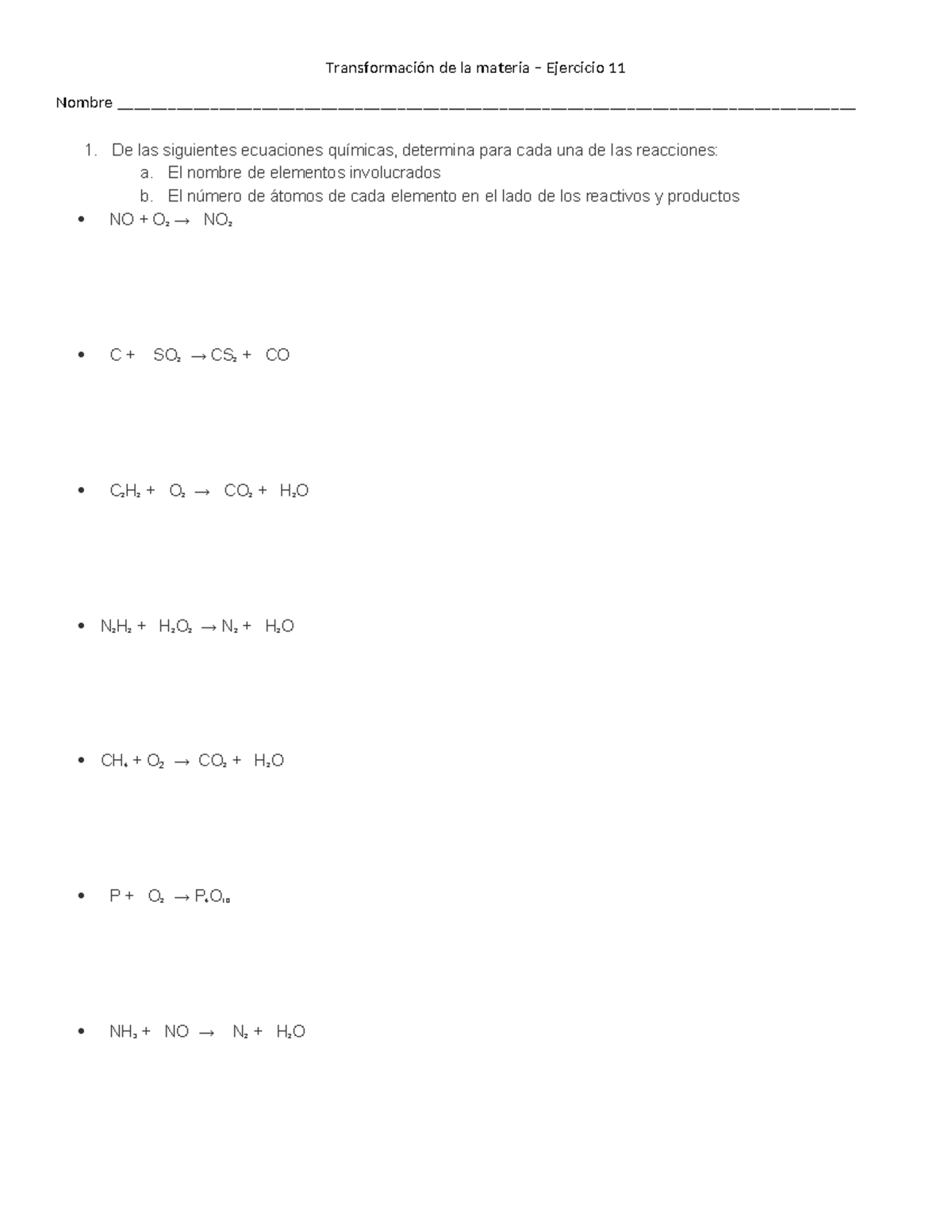 E11 QI - Transformación de la materia – Ejercicio 11 Nombre - Studocu