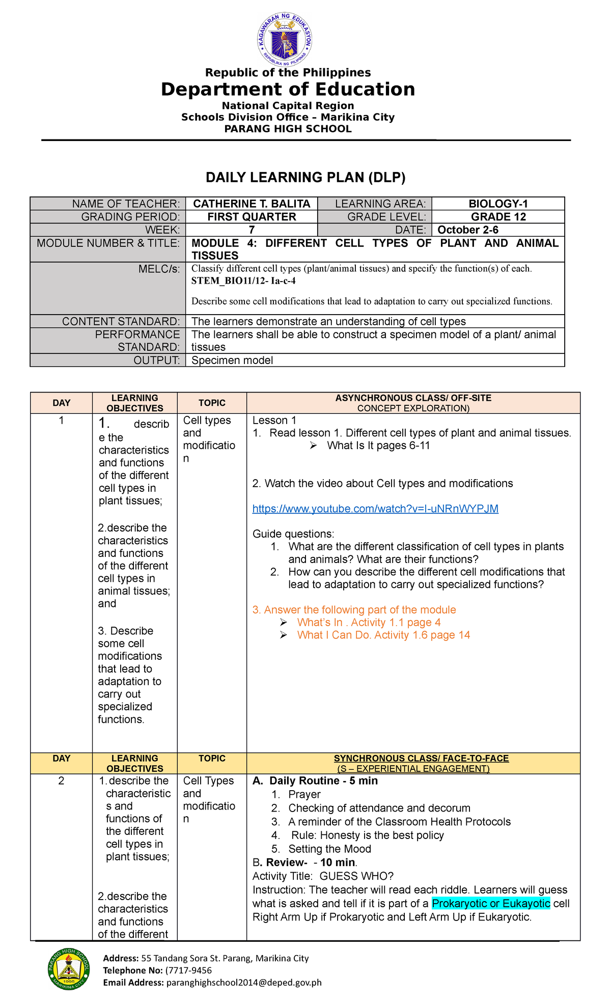 Biology-1 Q1 W8 DLP - Lesson plan on specialise cells - Republic of the ...