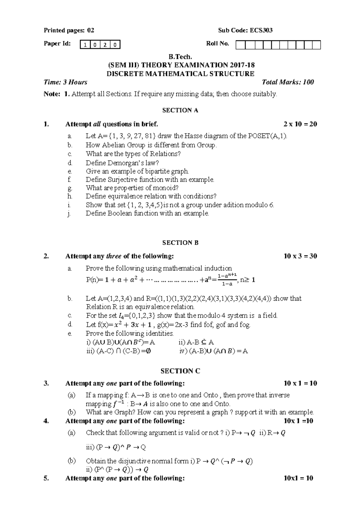 2017 Discrete Mathematical Structure ECS303 - Printed pages: 02 Sub ...