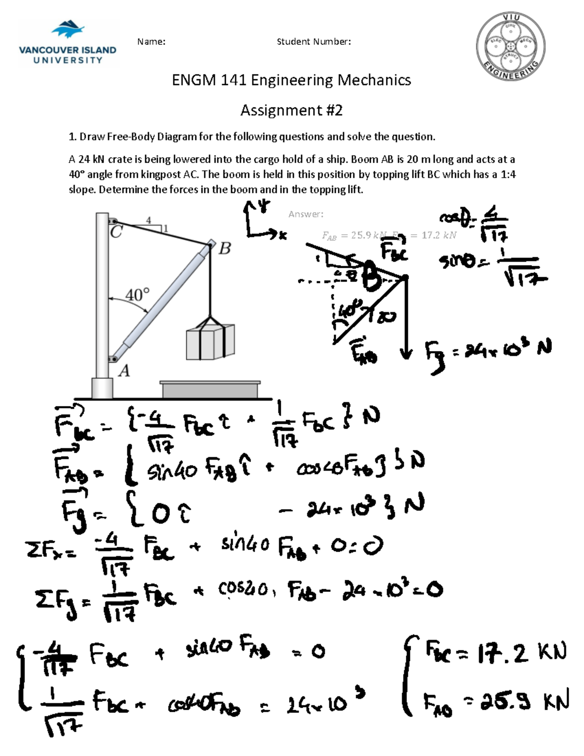 Assignment 2 - 1 ENGM 141 Engineering Mechanics Assignment # 2 Draw ...