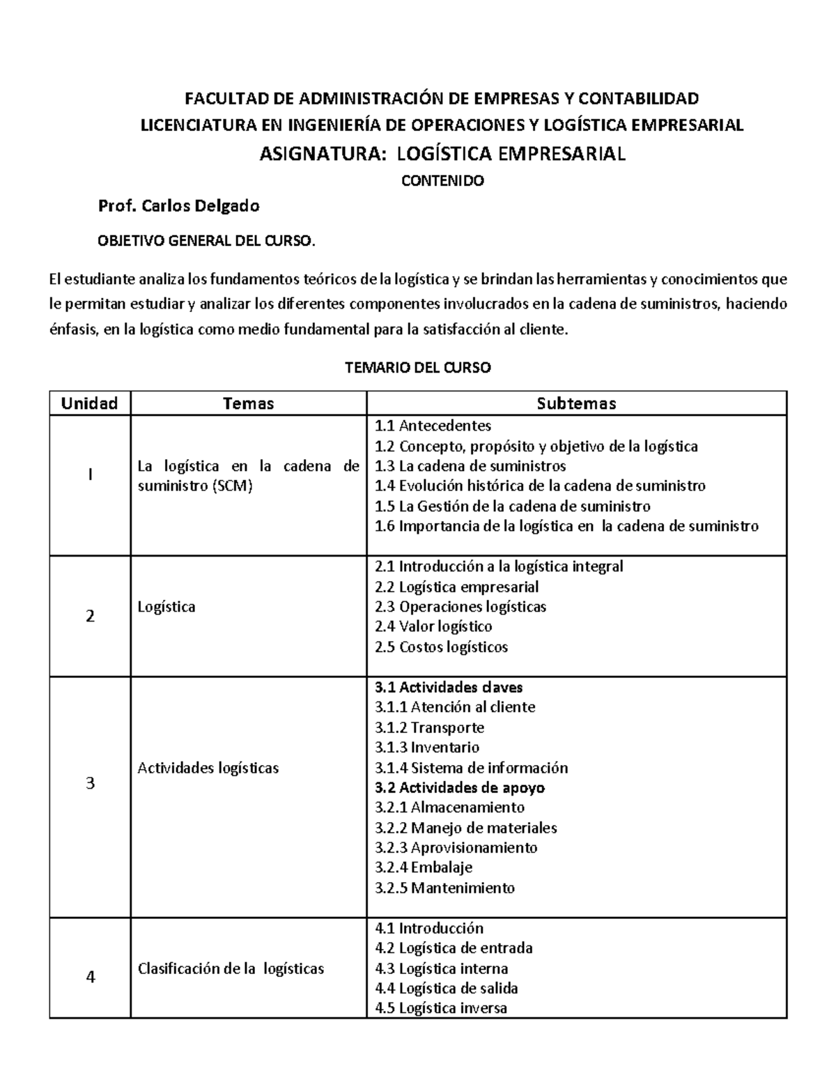 Plan de Estudio - Logística Empresarial - FACULTAD DE ADMINISTRACIÓN DE ...
