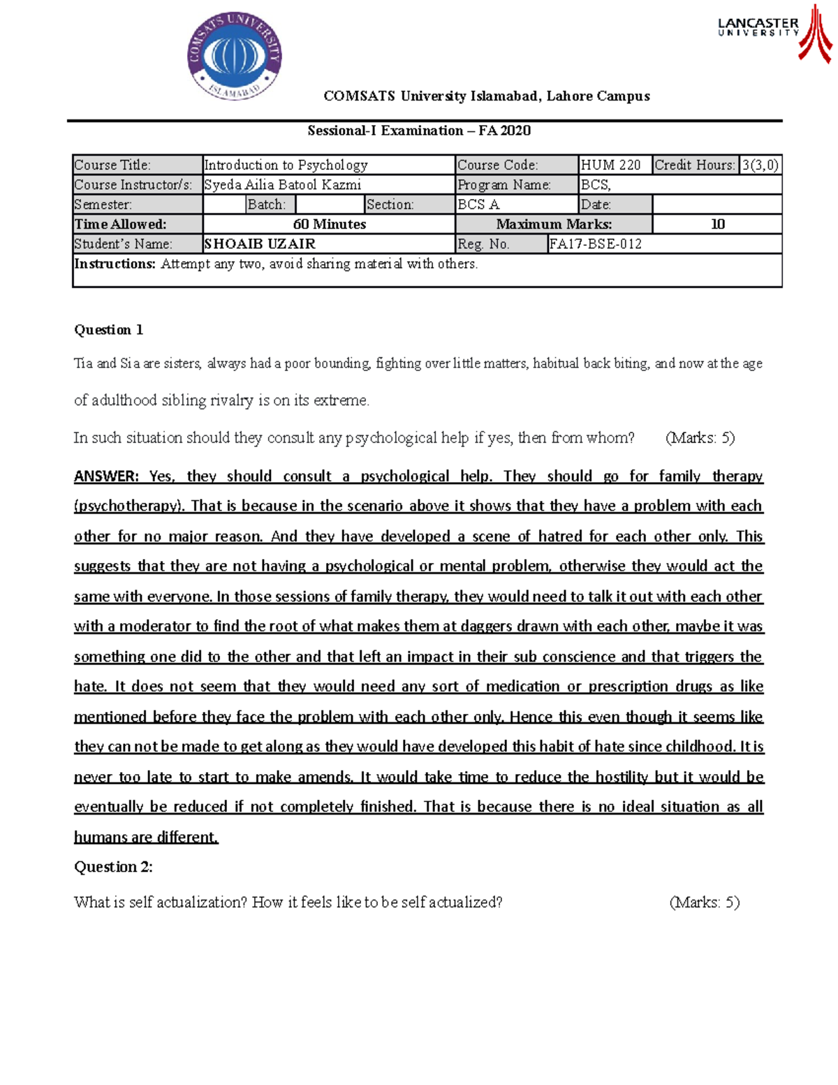 Lool - none - COMSATS University Islamabad, Lahore Campus Sessional-I ...