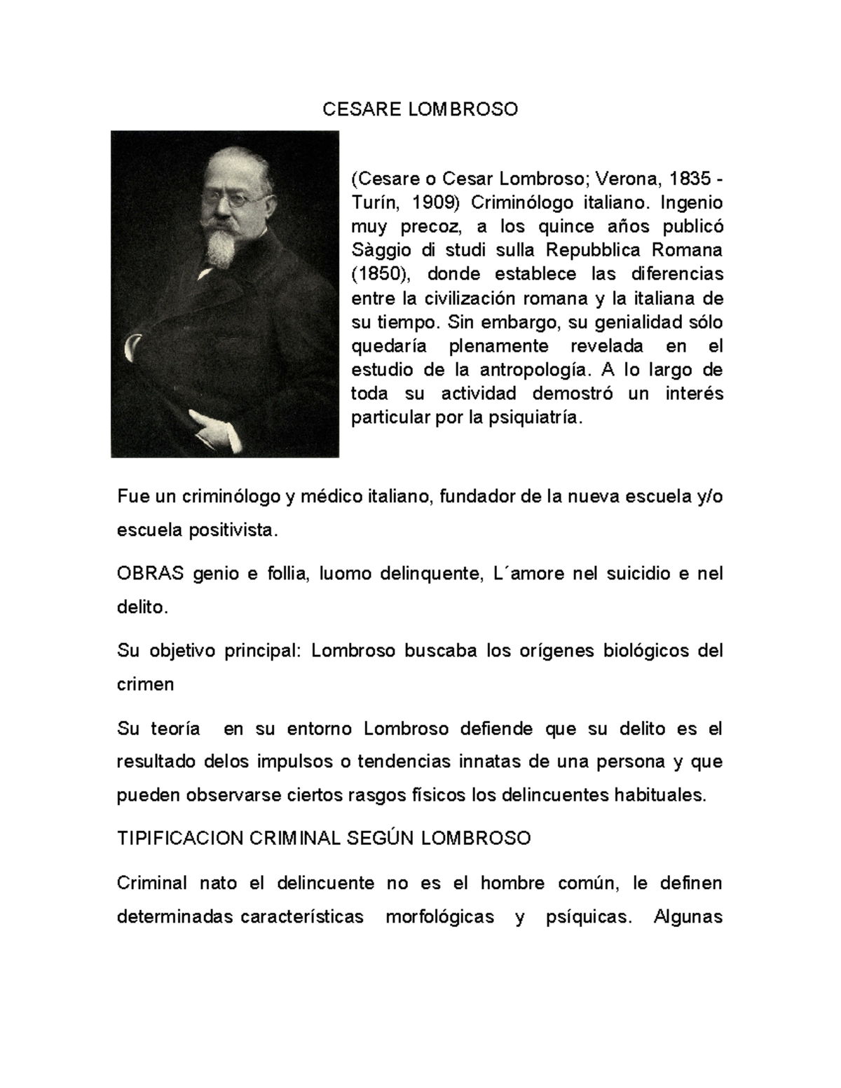 Cesare Lombroso - Resumen Los criminales - CESARE LOMBROSO (Cesare o ...