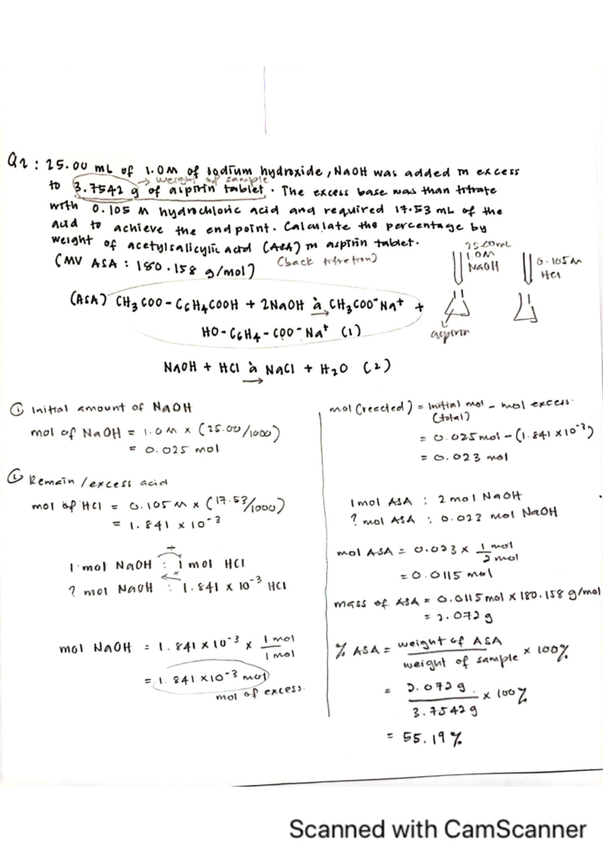 CHM256 exercise - back titration question - Qr: 25 mL of 1 sodium NaOH ...