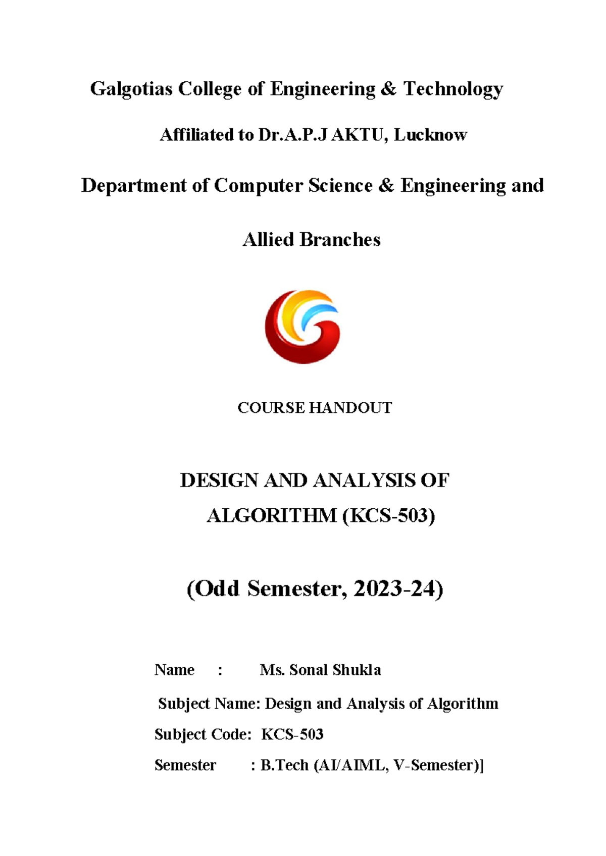Course Handout KCS503 AI AIML 2023-24 ODD - Copy - Galgotias College of Engineering & Technology ...
