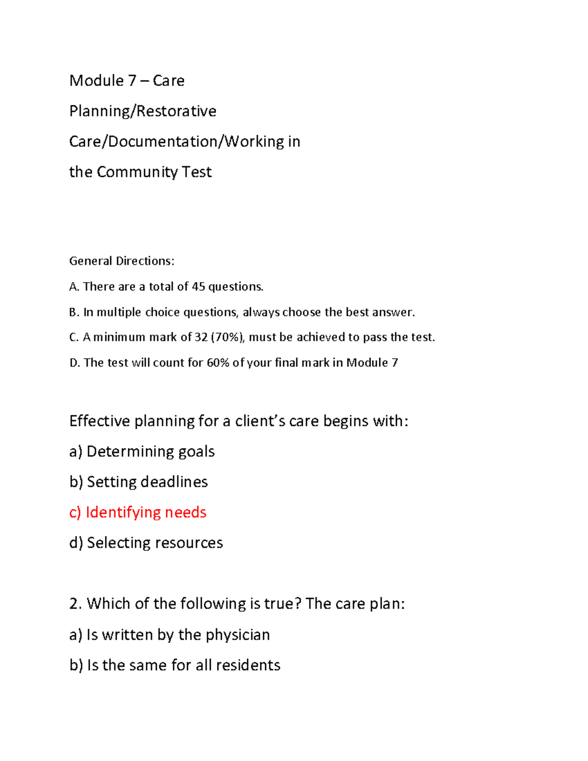 Module 7 – Care test - gsfafd - Module 7 – Care Planning/Restorative ...