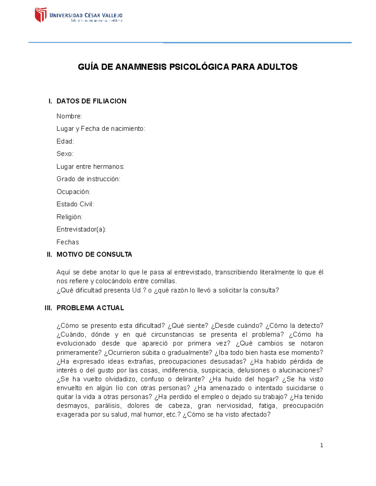 GUÍA DE Anamnesis Psicológica Adultos - GUÍA DE ANAMNESIS PSICOLÓGICA ...