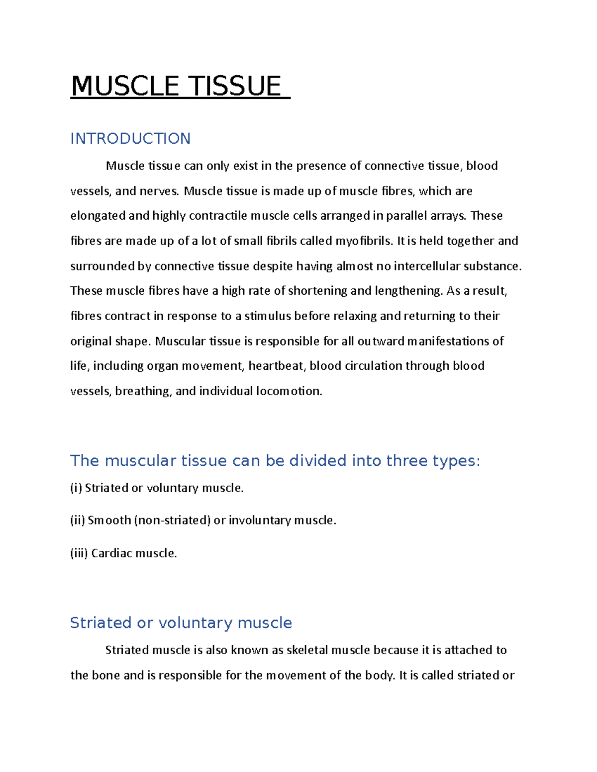 Brief NOTE ON Muscle Tissue - MUSCLE TISSUE INTRODUCTION Muscle tissue ...