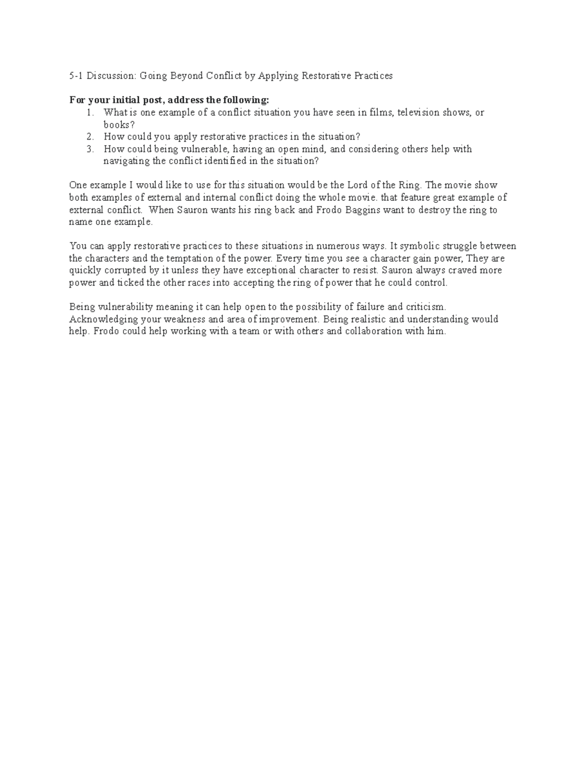 Disscission - assigmnet - 5-1 Discussion: Going Beyond Conflict by Applying Restorative ...