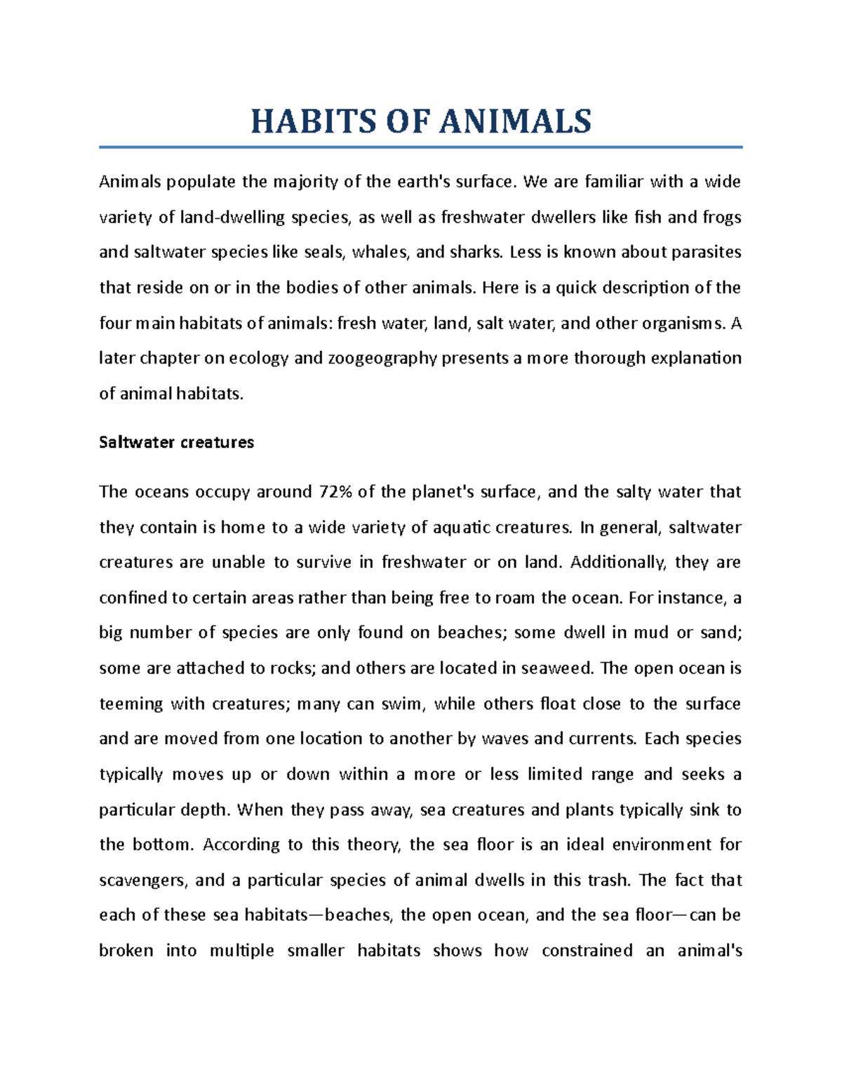 Habits OF Animals - HABITS OF ANIMALS Animals populate the majority of ...