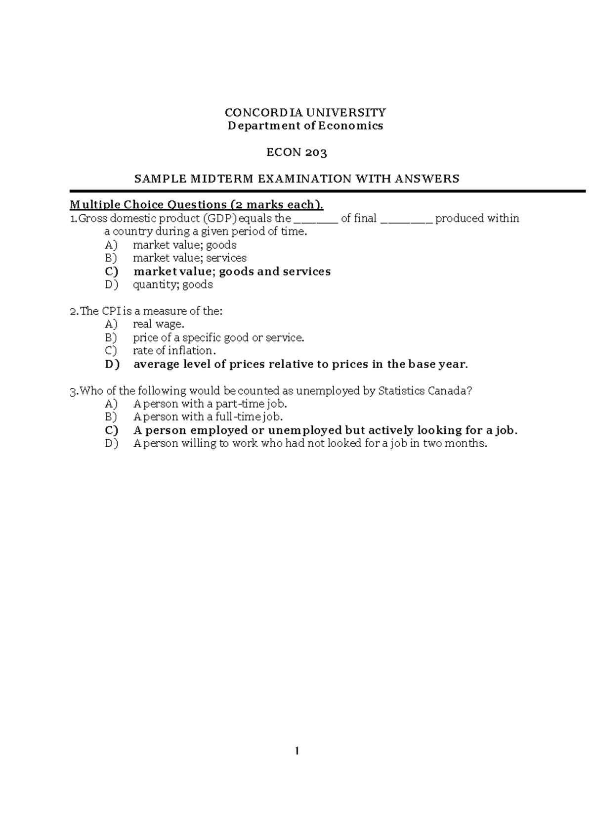 Midterm 6 November 2018, questions and answers - CONCORDIA UNIVERSITY ...