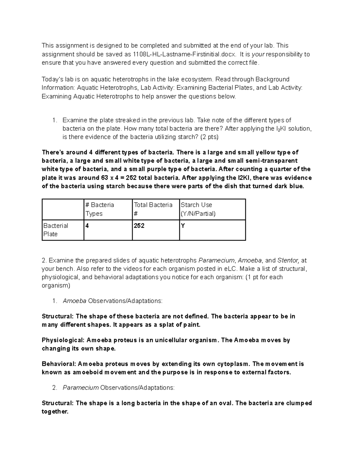 1108L-HL - Biology 2 Lab on Heterotrophs - This assignment is designed ...