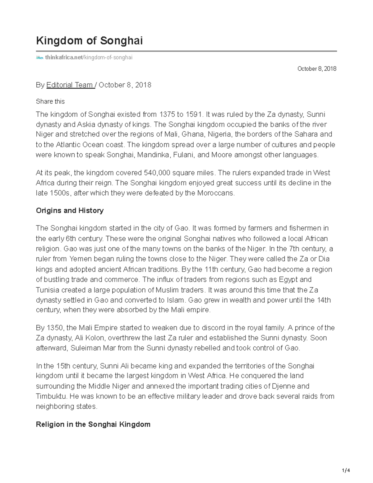 Kingdom of Songhai - It was ruled by the Za dynasty, Sunni dynasty and ...