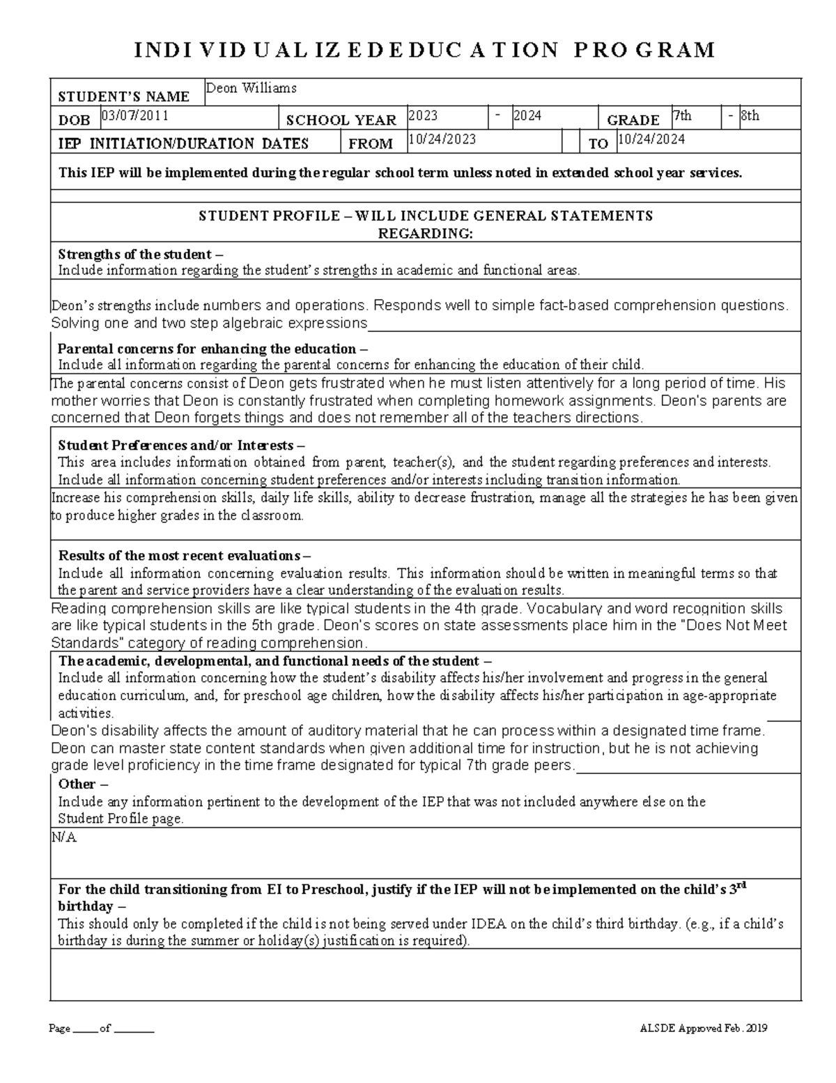 IEP - DEON Williams - IEP EXAMPLE - STUDENT’S NAME Deon Williams DOB 03 ...
