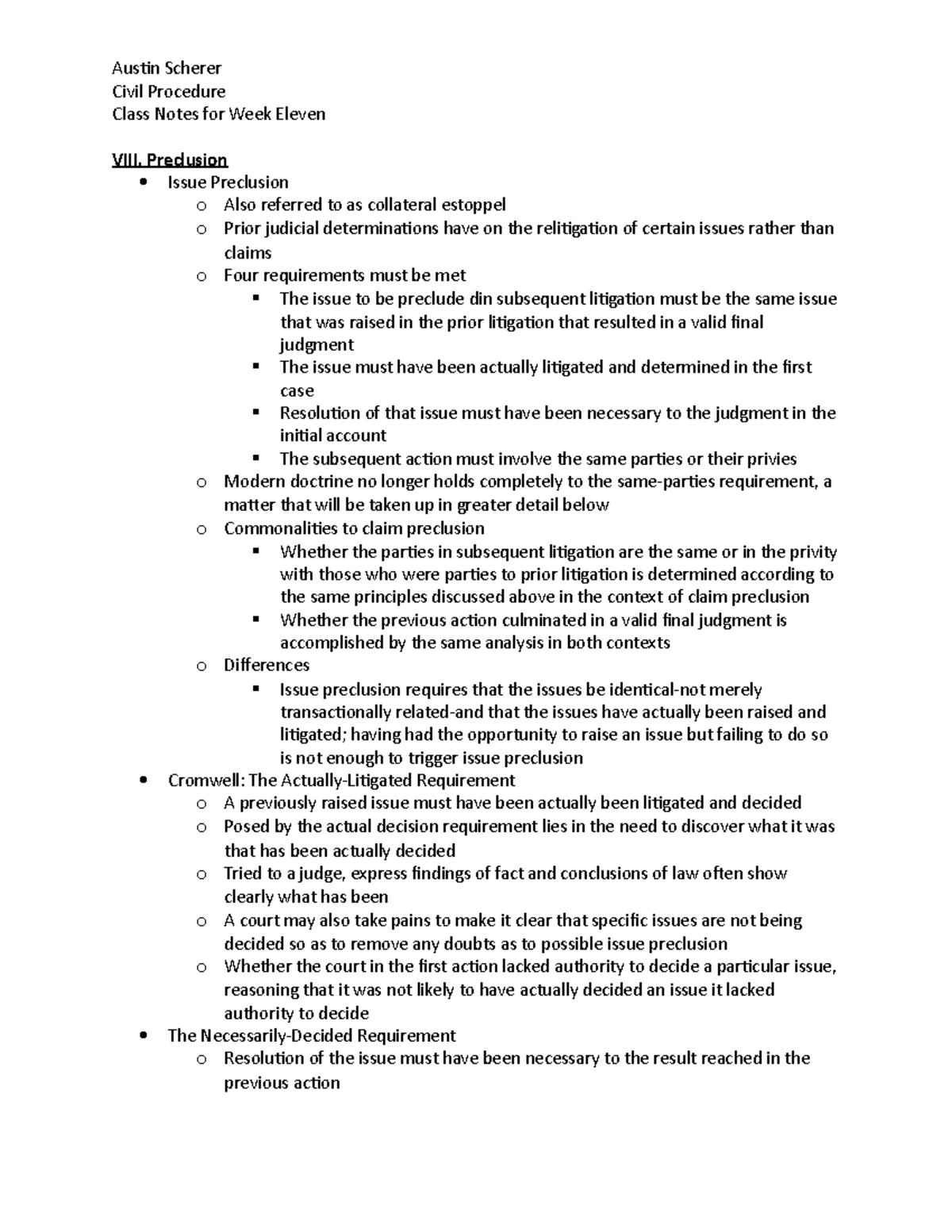 Week Eleven (Issue Preclusion) - Austin Scherer Civil Procedure Class ...