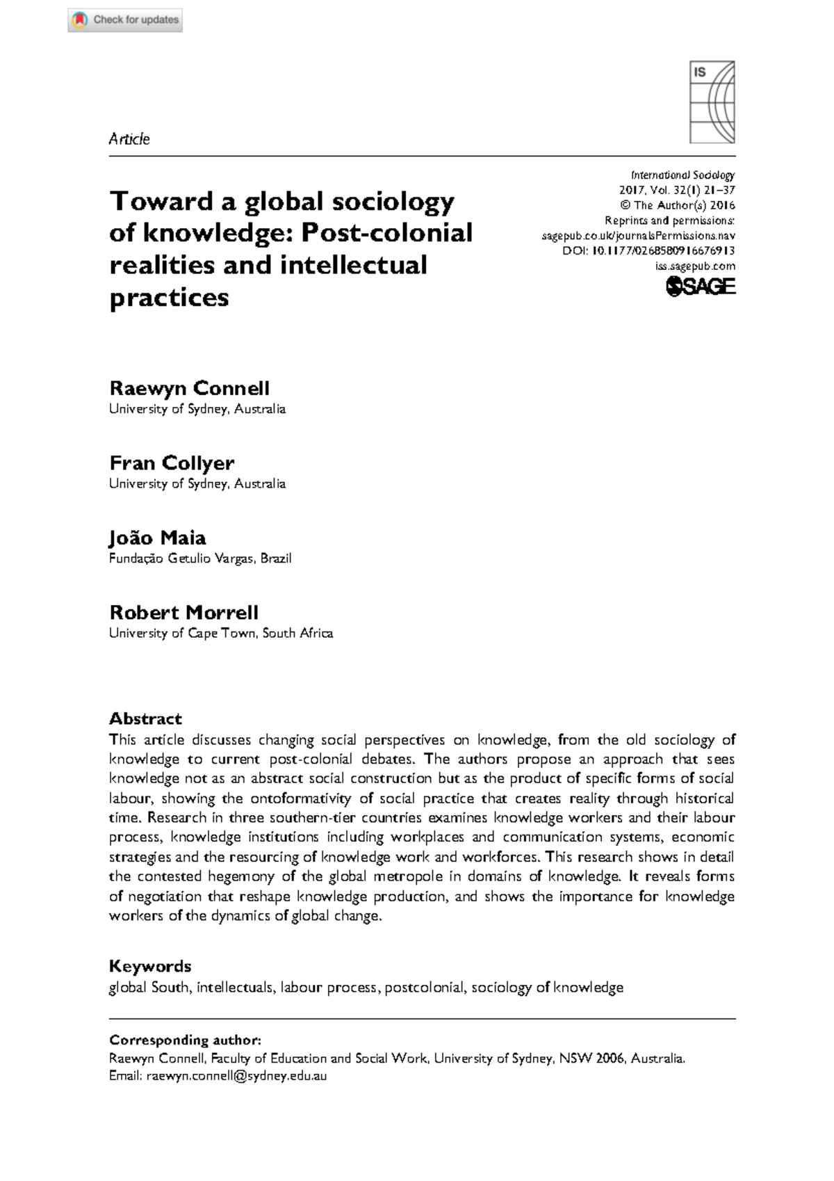 Connell writing about society - International Sociology 2017, Vol. 32(1 ...