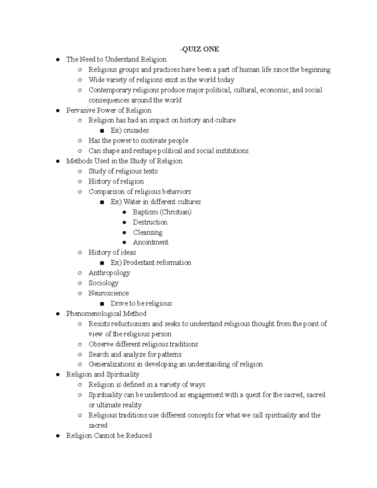 RELS 108 - notes from class - exam study guides -QUIZ ONE The Need to ...