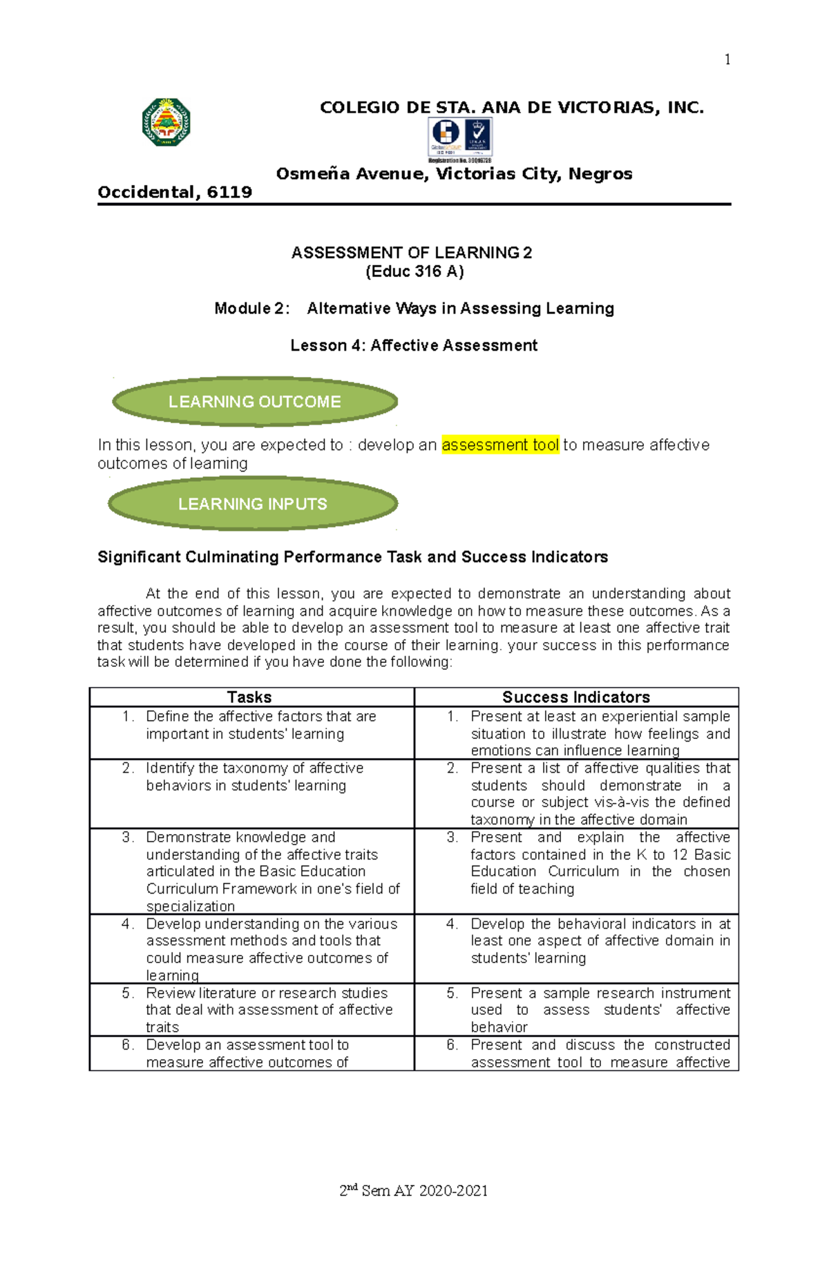 Lesson 4 Affective Assessment - COLEGIO DE STA. ANA DE VICTORIAS, INC ...