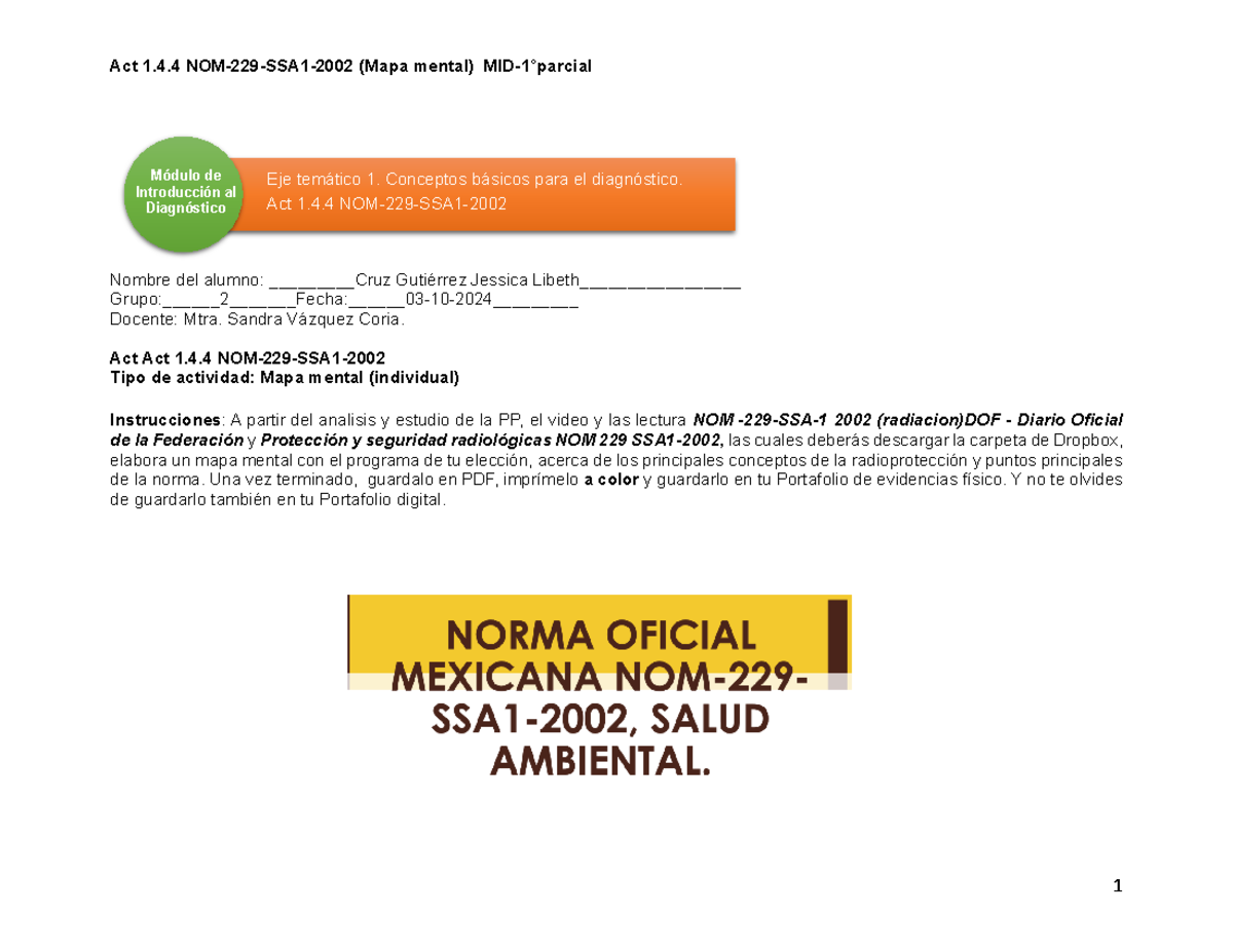 Act 1.4.4 NOM-229-SSA1-2002 Cruz Gutierrez Jessica Lizbeth - Nombre del alumno: Cruz Gutiérrez ...
