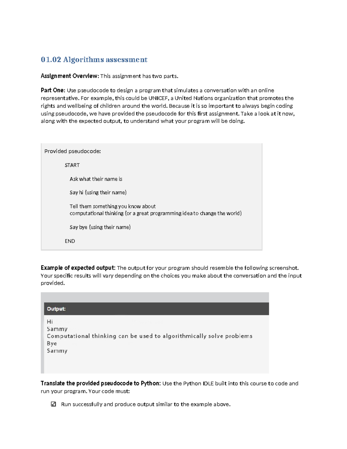algorithms assessment - 01 Algorithms assessment Assignment Overview ...