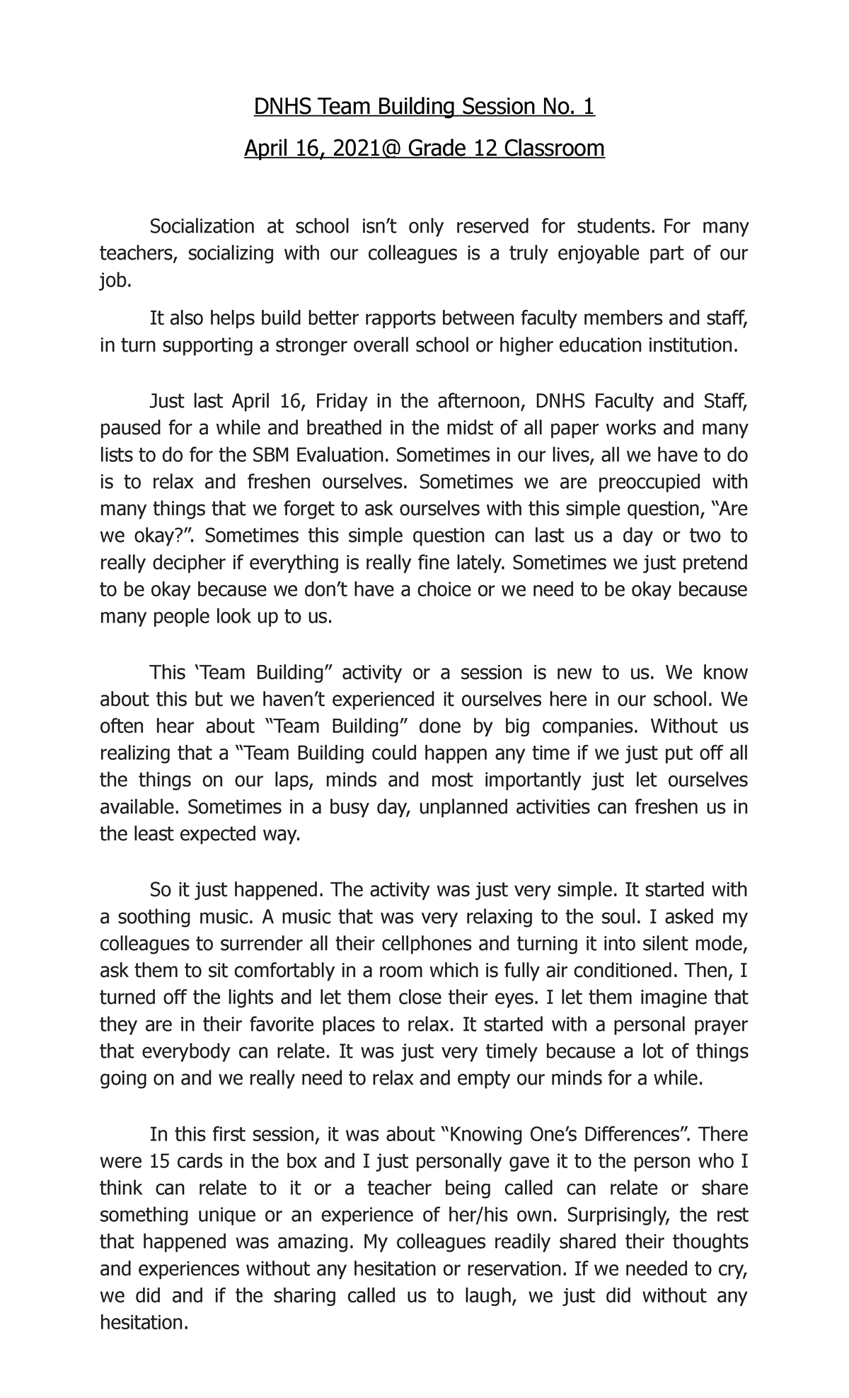 Accomplishment on Team Building on April 16,2021 - DNHS Team Building ...