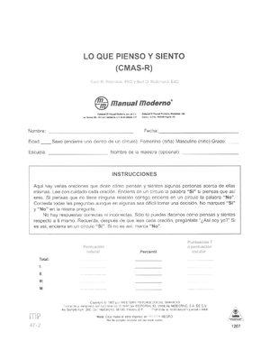 CMAS R Plantilla respuesta - MP Escala de ansiedad manifiesta en niños (revisada) Plantilla de ...